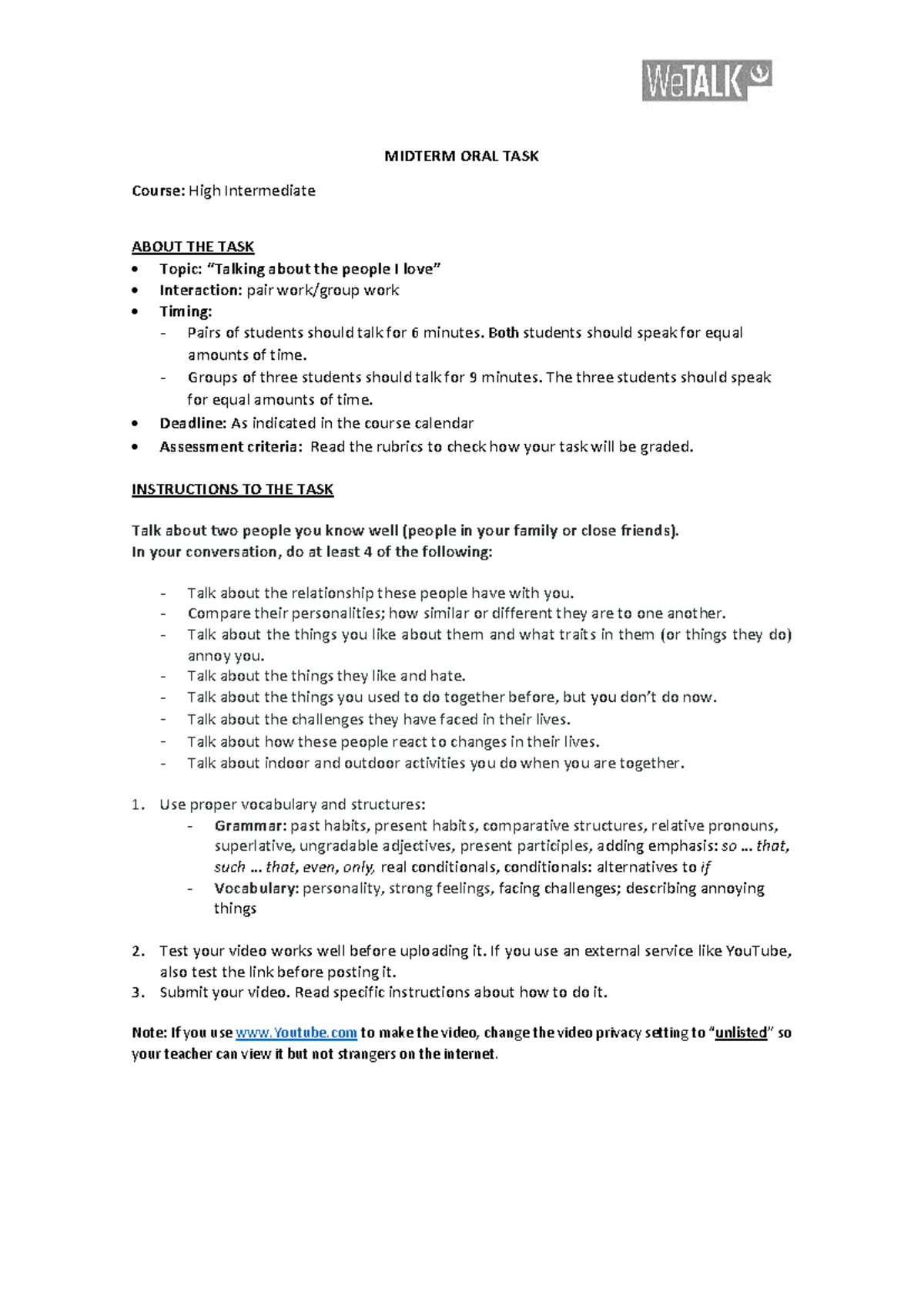 High Intermediate MT ORAL TASK (EA) - MIDTERM ORAL TASK Course: High Intermediate ABOUT THE TASK ...