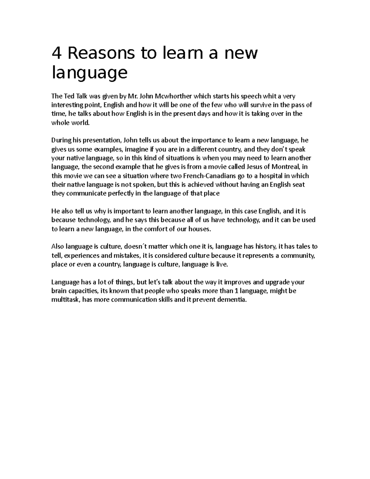 4 Reasons to learn a new language - John Mcwhorther which starts his ...