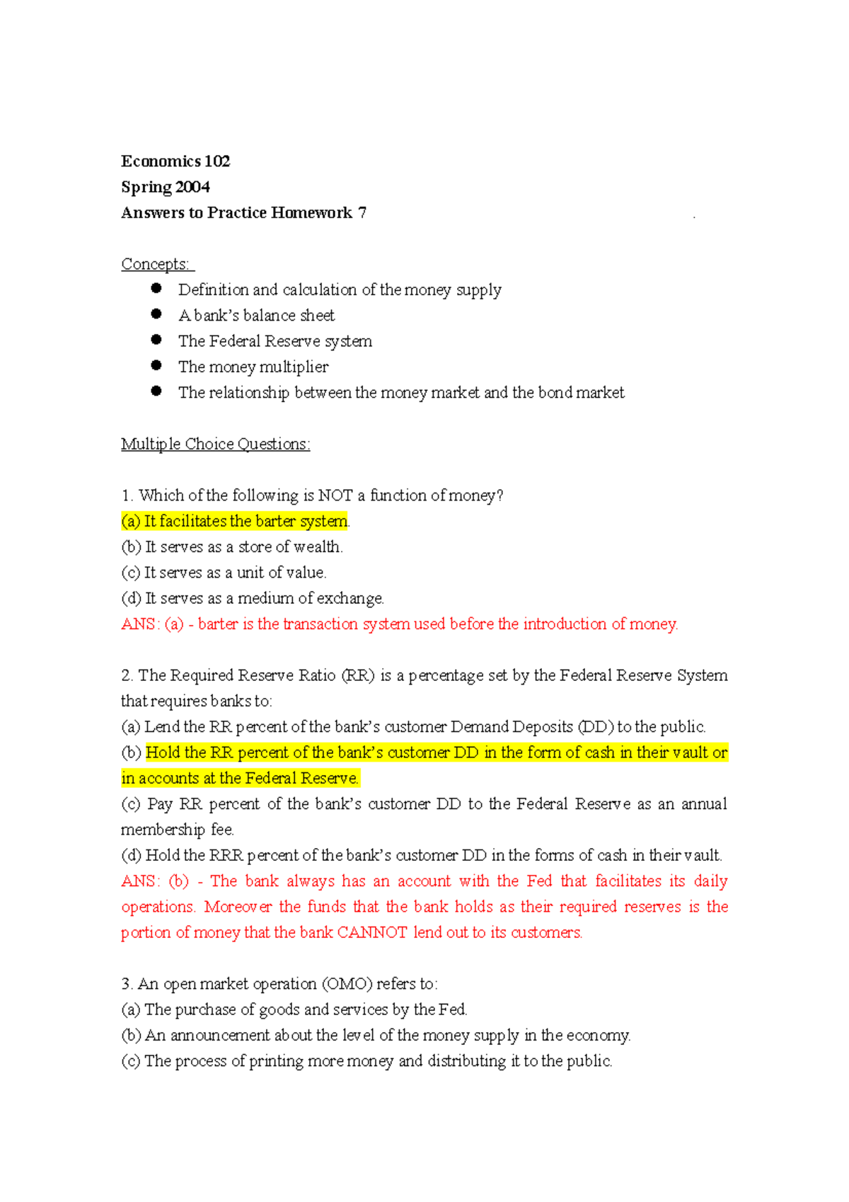 Exercise for Chapter 4 money, banks and financial system - Economics ...