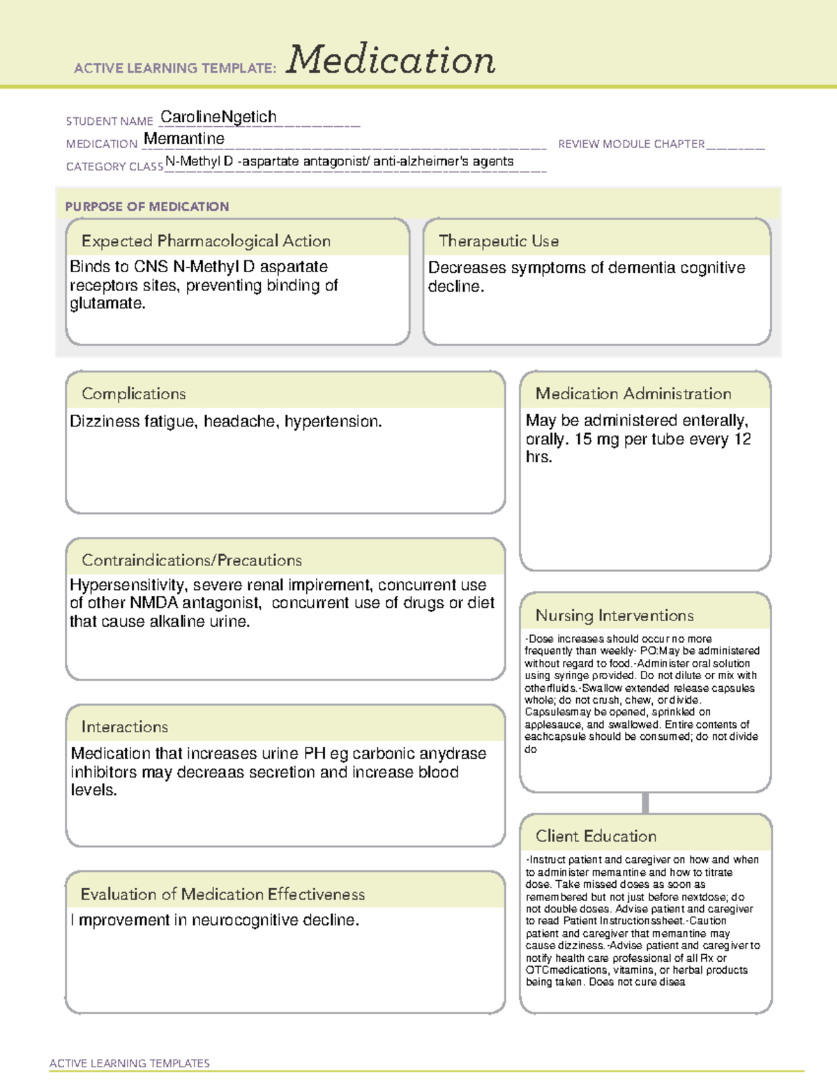 ATI Medication Template memantine - ACTIVE LEARNING TEMPLATES ...