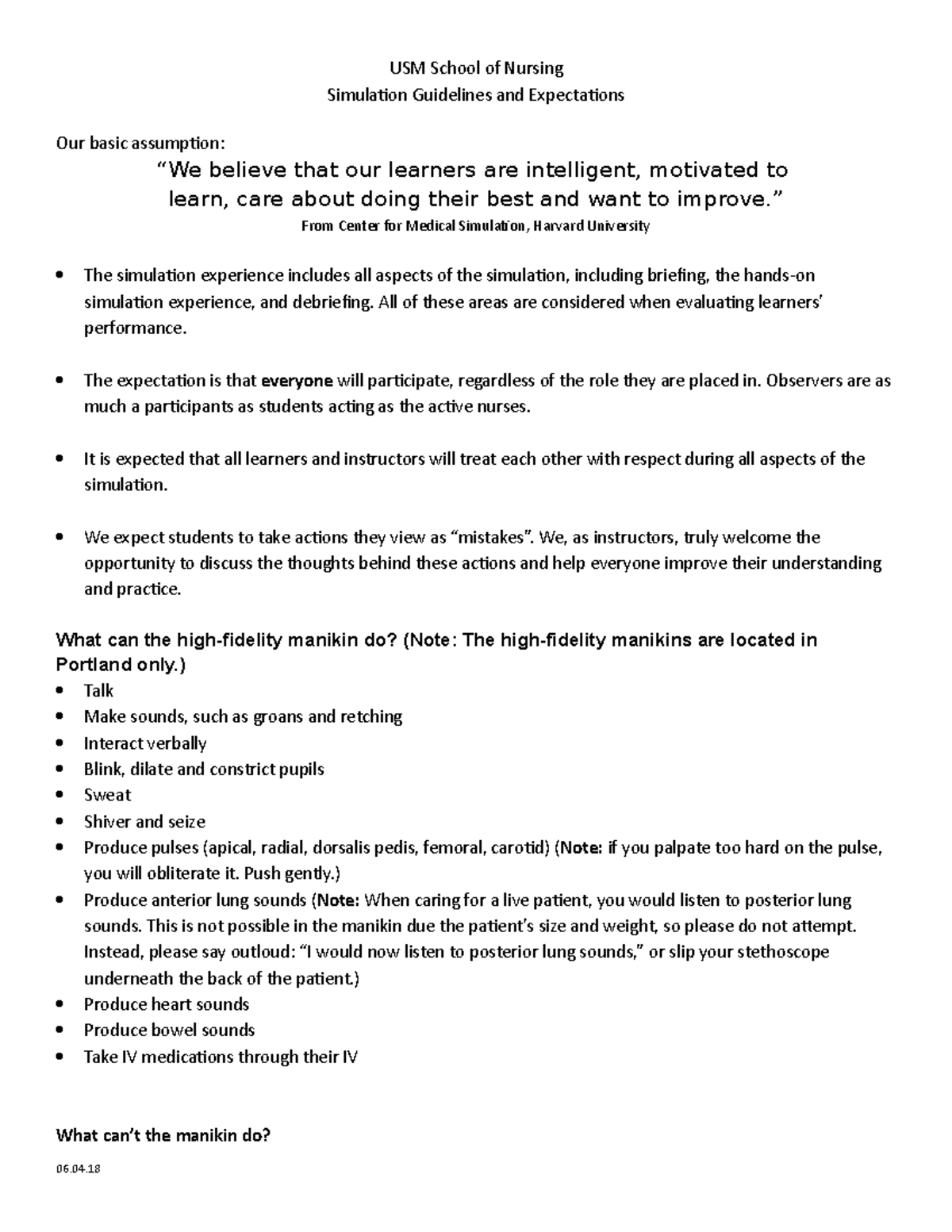 Simulation Assumption and Guidelines - USM School of Nursing Simulation ...