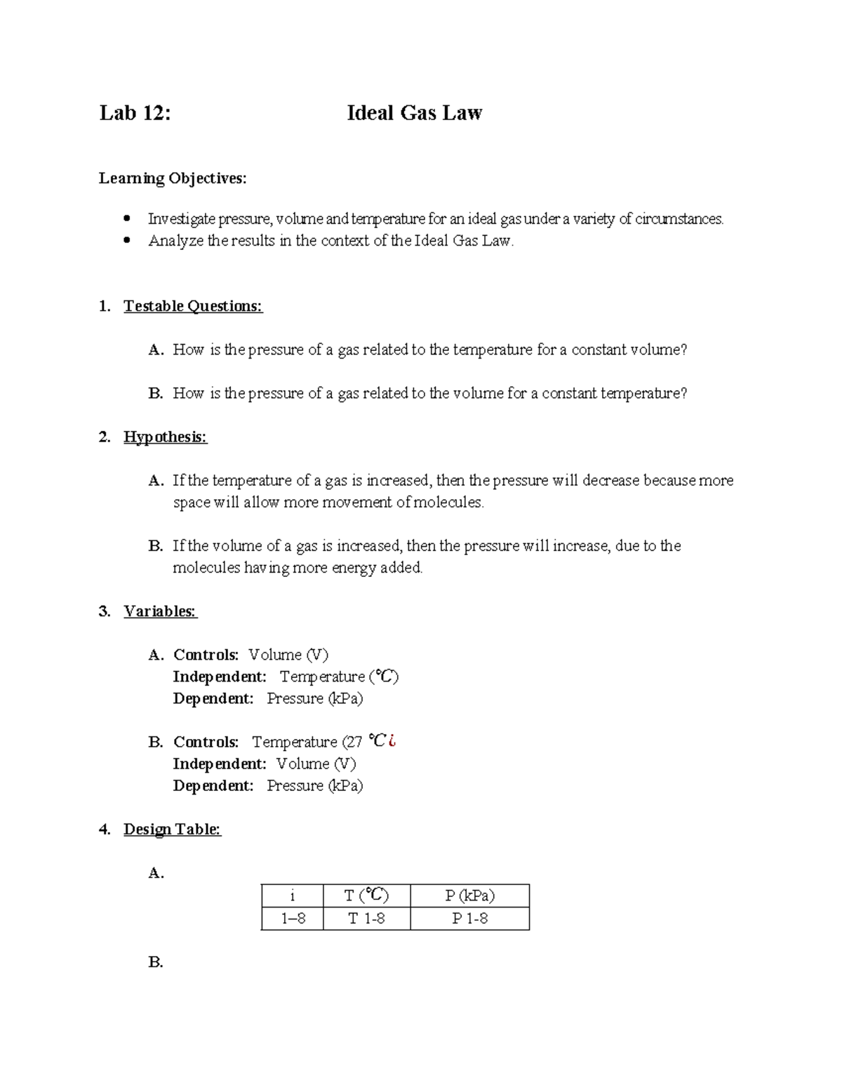 Lab 12 Ideal Gas Law (remote) - Lab 12: Ideal Gas Law Learning Objectives: Investigate pressure ...