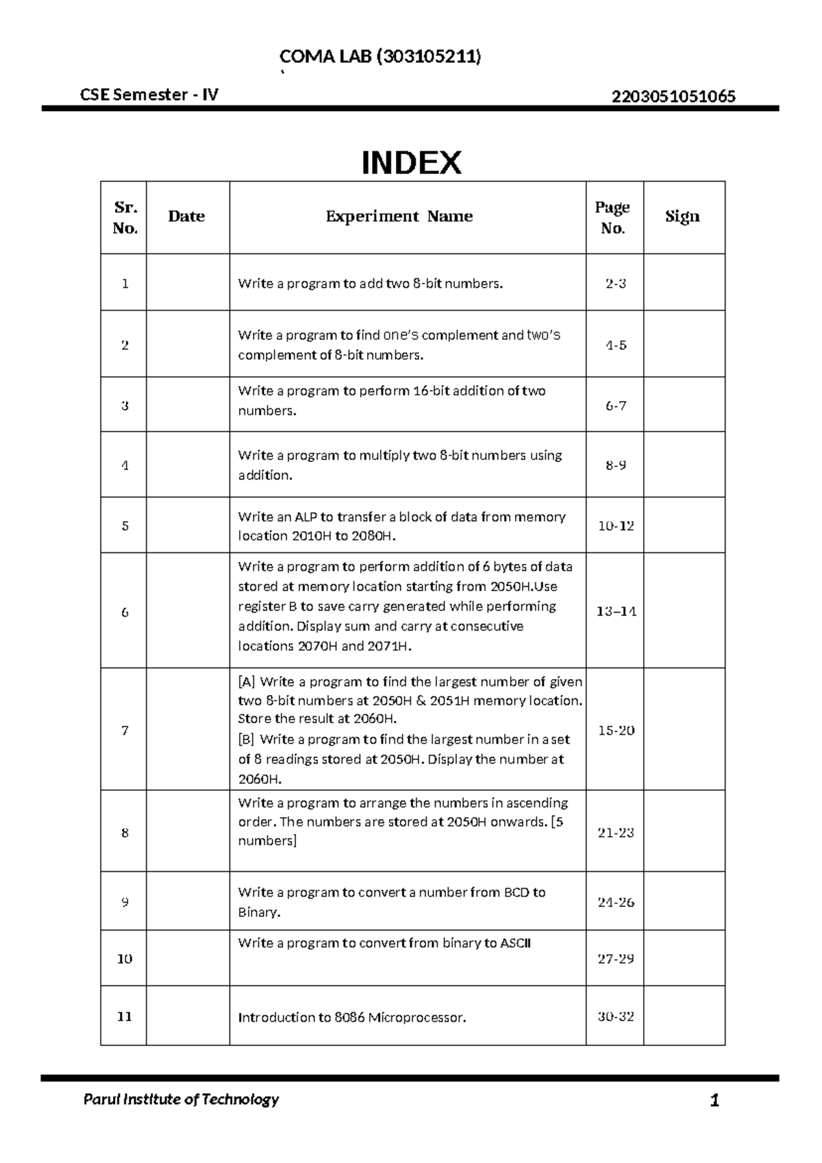 Coma Summary Btech Cse Cse Semester Iv 2203051051065 Index Sr No Date Experiment Name