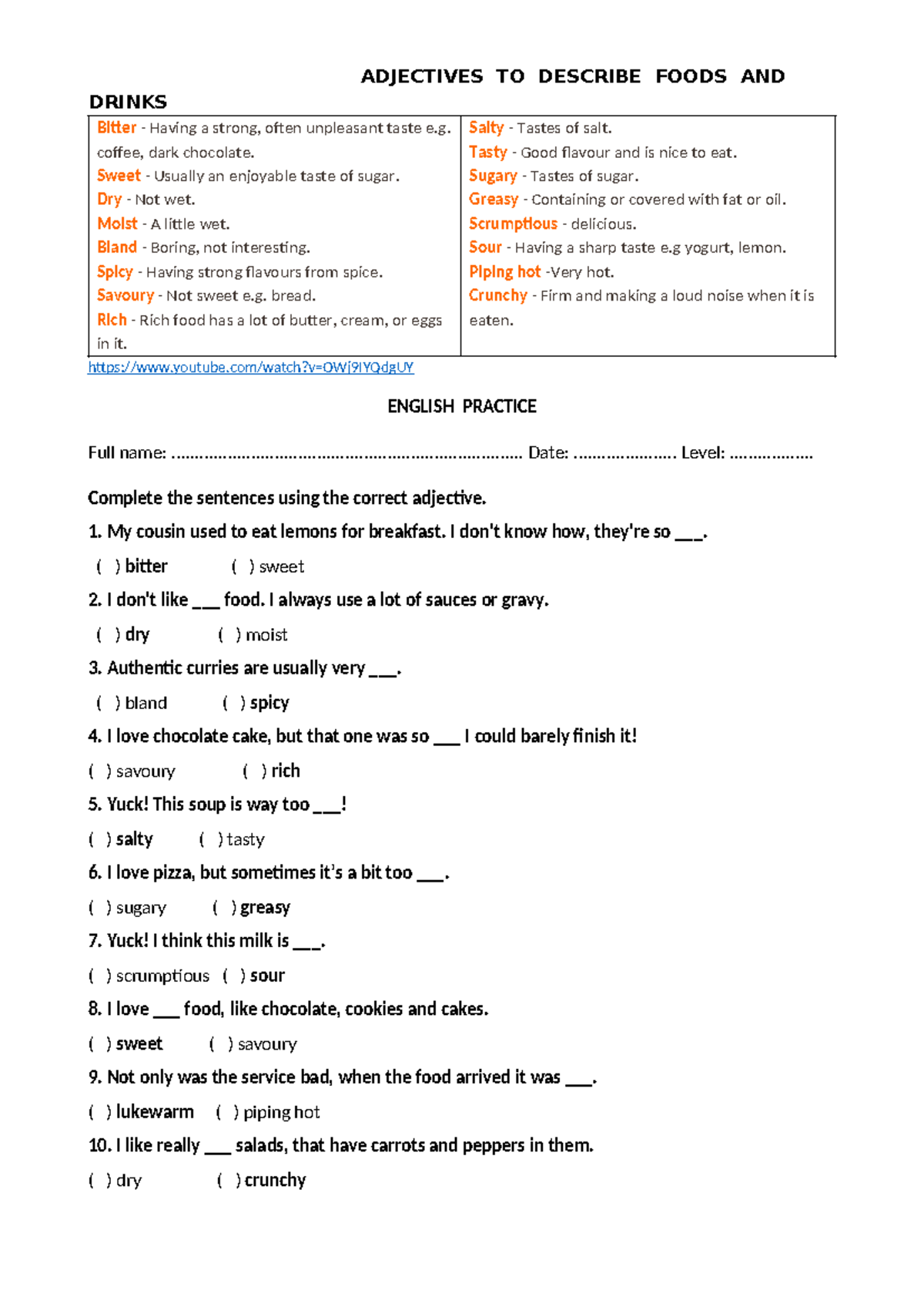 Adjectives TO Describe Foods AND Drinks Fabiana - ADJECTIVES TO ...