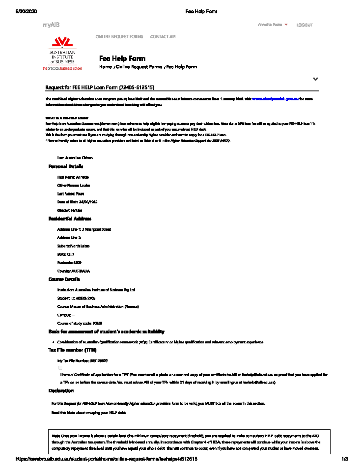 Fee help form - zzz - STAC00123 - Studocu