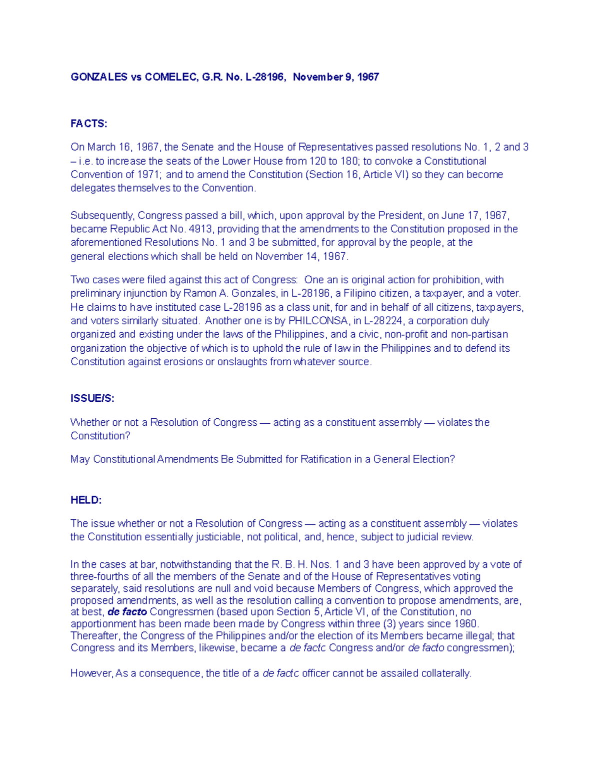 Gonzales vs Comelec Case Digest - GONZALES vs COMELEC, G. No. L-28196 ...
