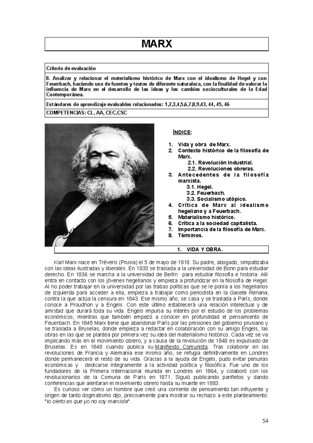 T.7 MARX - Marx - MARX Criterio de evaluación 8. Analizar y relacionar ...