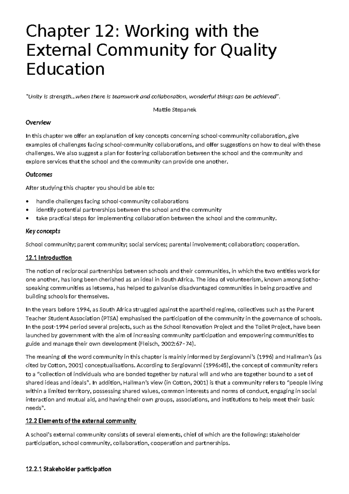 Chapter 12 Working with the External Community for Quality Education ...