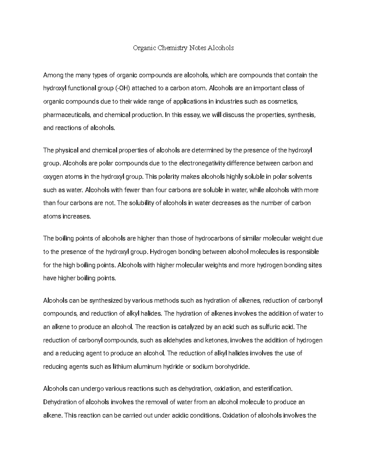 Alcohols Notes - Organic Chemistry Notes Alcohols Among the many types ...