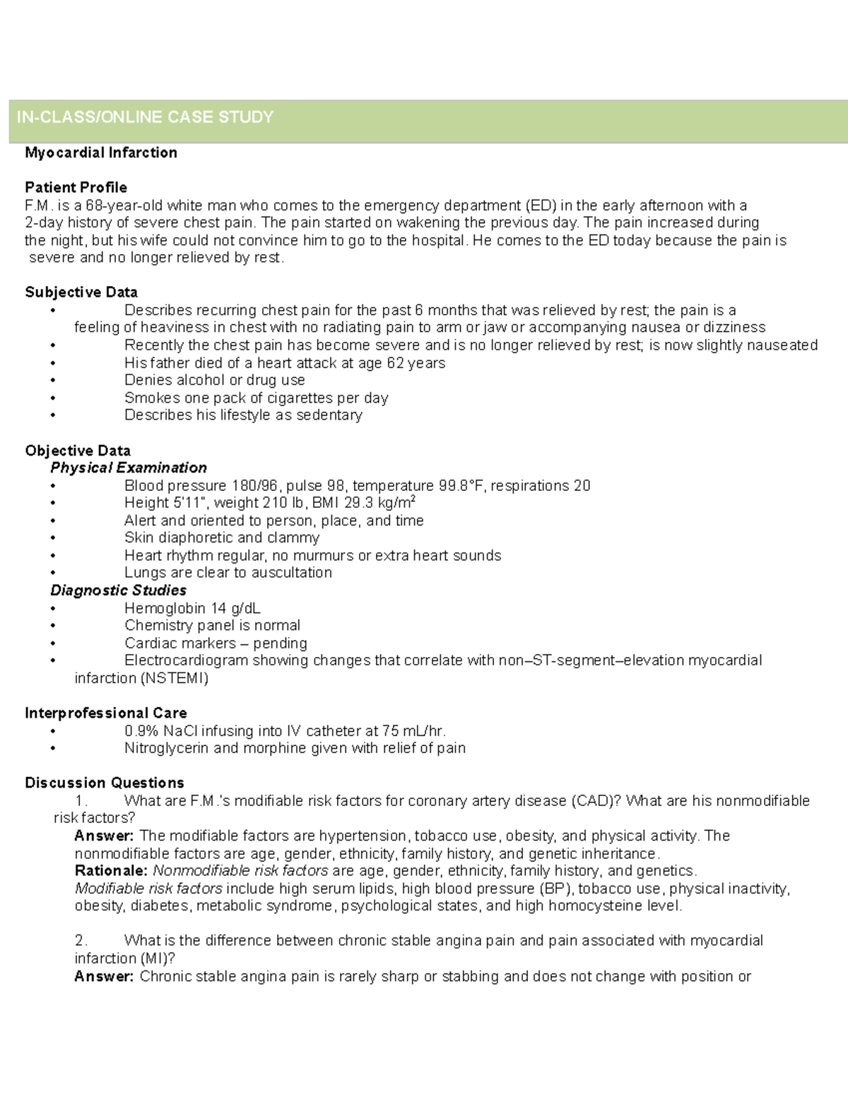 MI Case Study with answers - IN-CLASS/ONLINE CASE STUDY Myocardial Infarction Patient Profile F ...