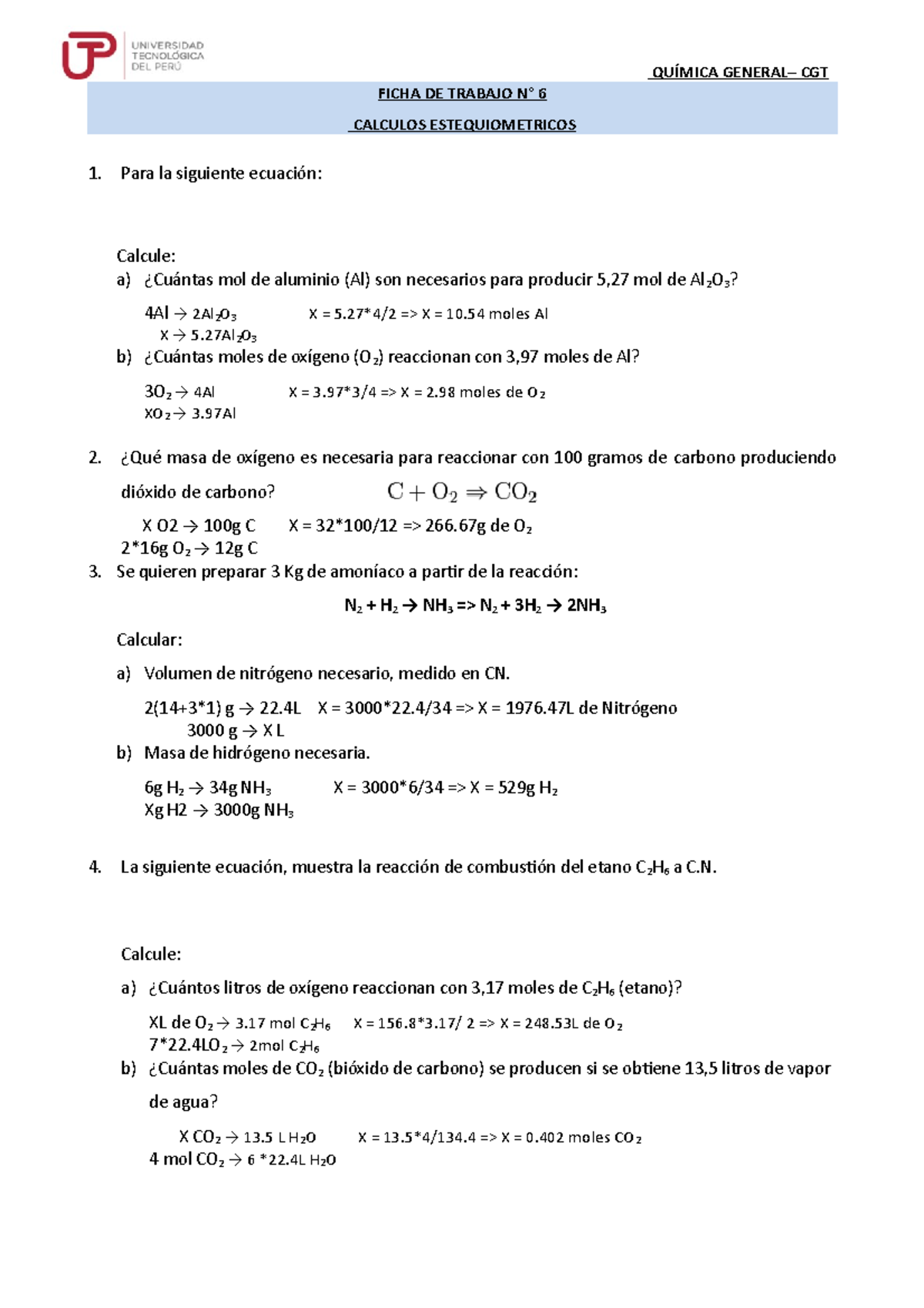 U4 S6 Fichadetrabajo 6 Calculos Estequiométricos - QUÍMICA GENERAL– CGT FICHA DE TRABAJO N° 6 ...