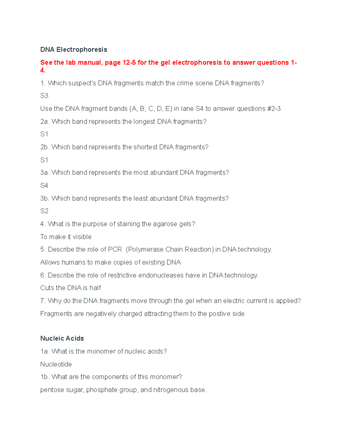 DNA Electrophoresis Results - DNA Electrophoresis See the lab manual ...