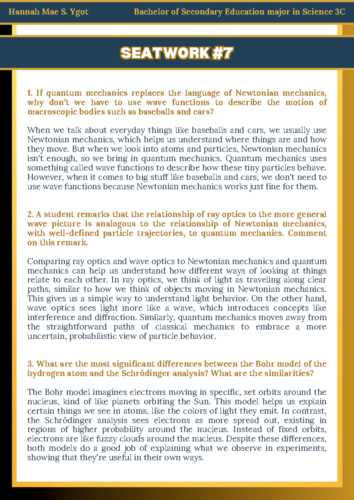 Modern Physics Seatwork Answers - If quantum mechanics replaces the language of Newtonian ...