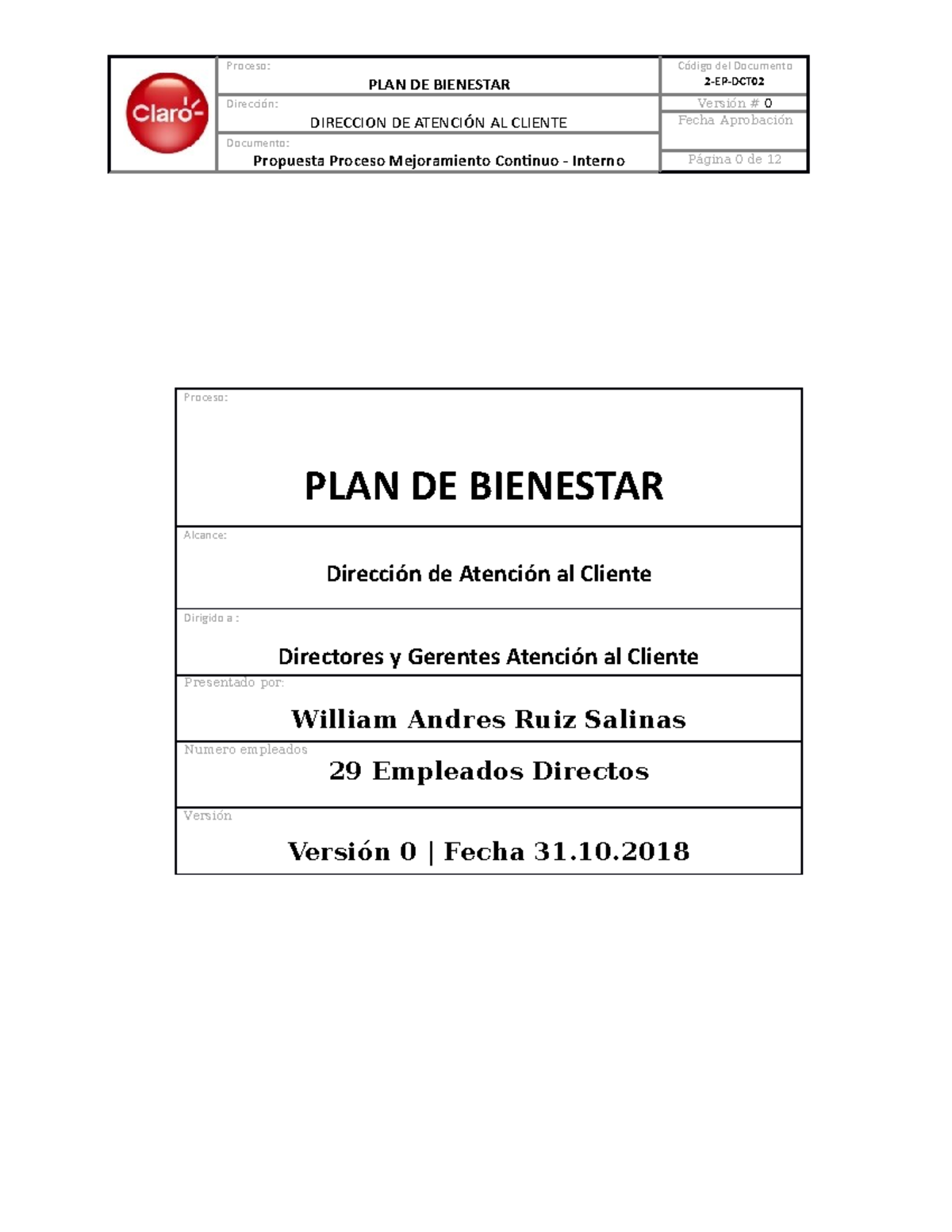 Proyecto Empresa - PLAN DE Bienestar Laboral - Proceso: PLAN DE ...