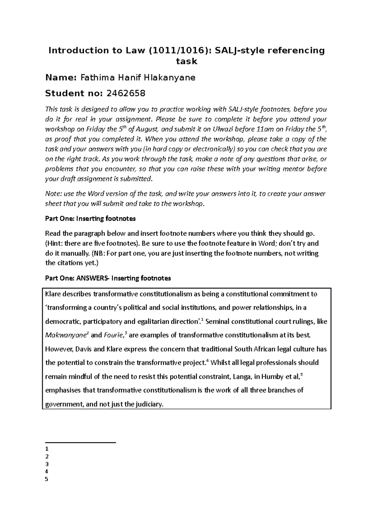 Introduction to Law SALJ Referencing task 2022 - Introduction to Law ...