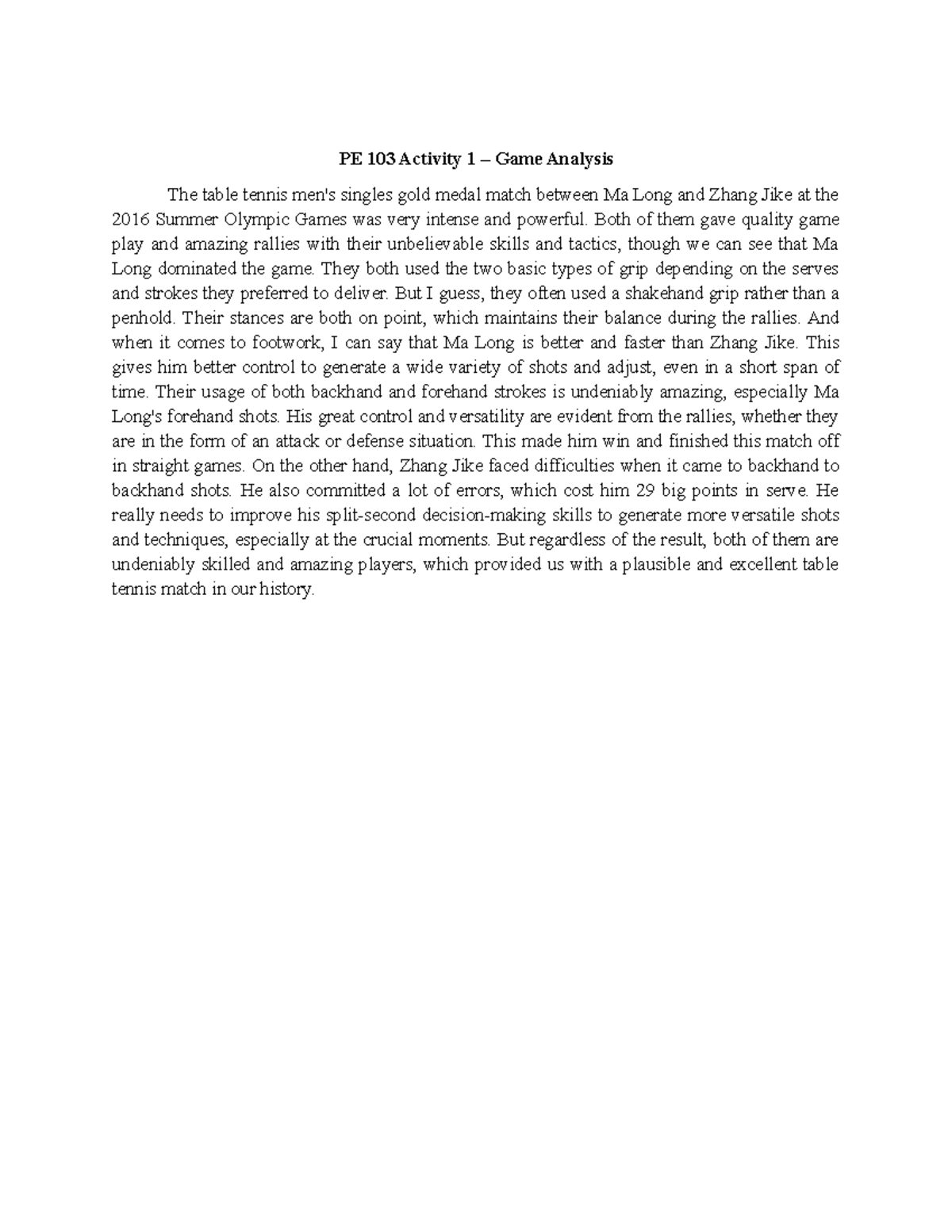 -Game Analysis- Physical Education. Pingpong - PE 103 Activity 1 – Game ...
