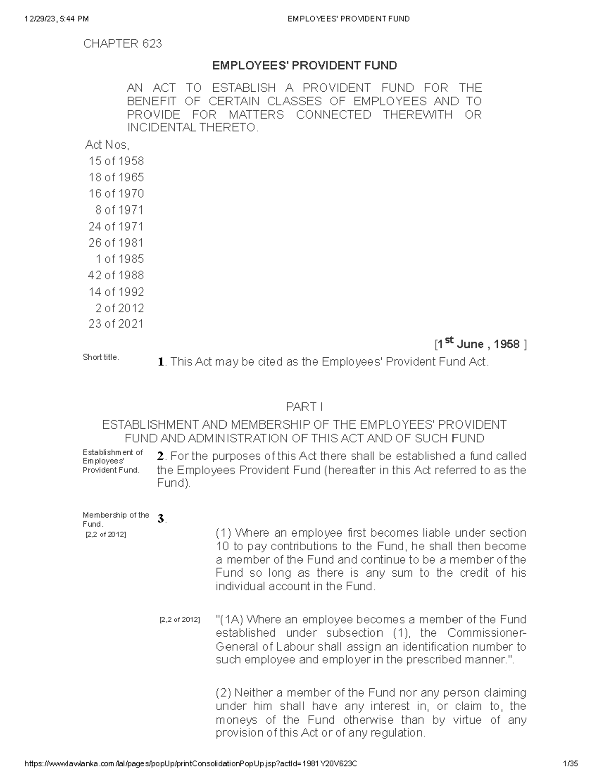 Employees' Provident FUND - Act Nos, 15 of 1958 18 of 1965 16 of 1970 8 ...