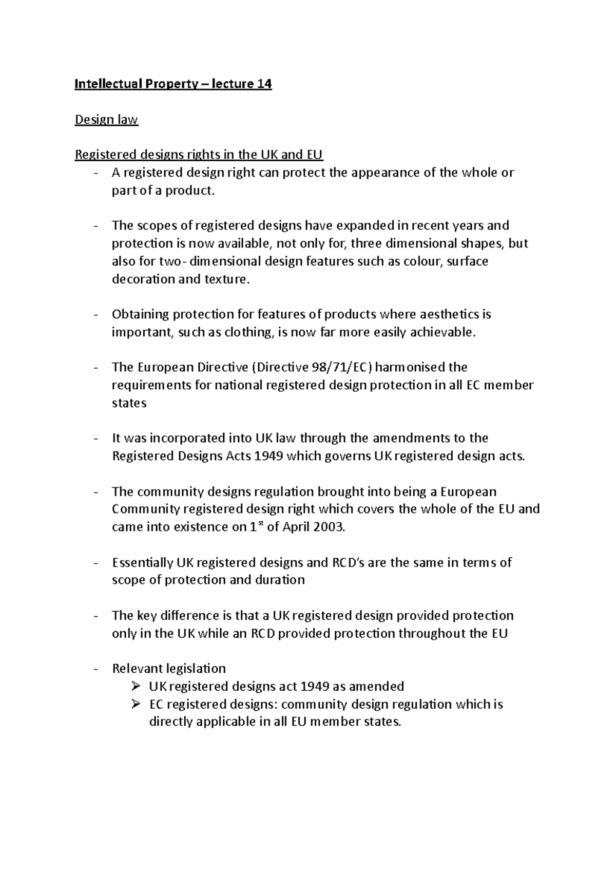 W14 Lecture - Intellectual Property – lecture 14 Design law Registered ...