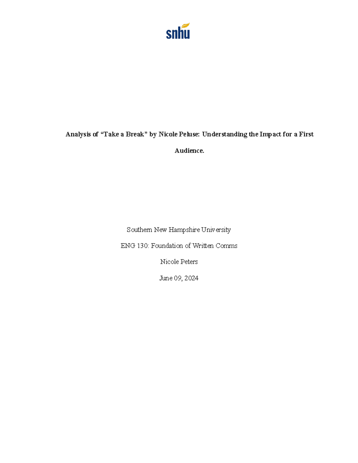 ENG 130 Module Five Analysis of a Written Work for a First Audience APA ...