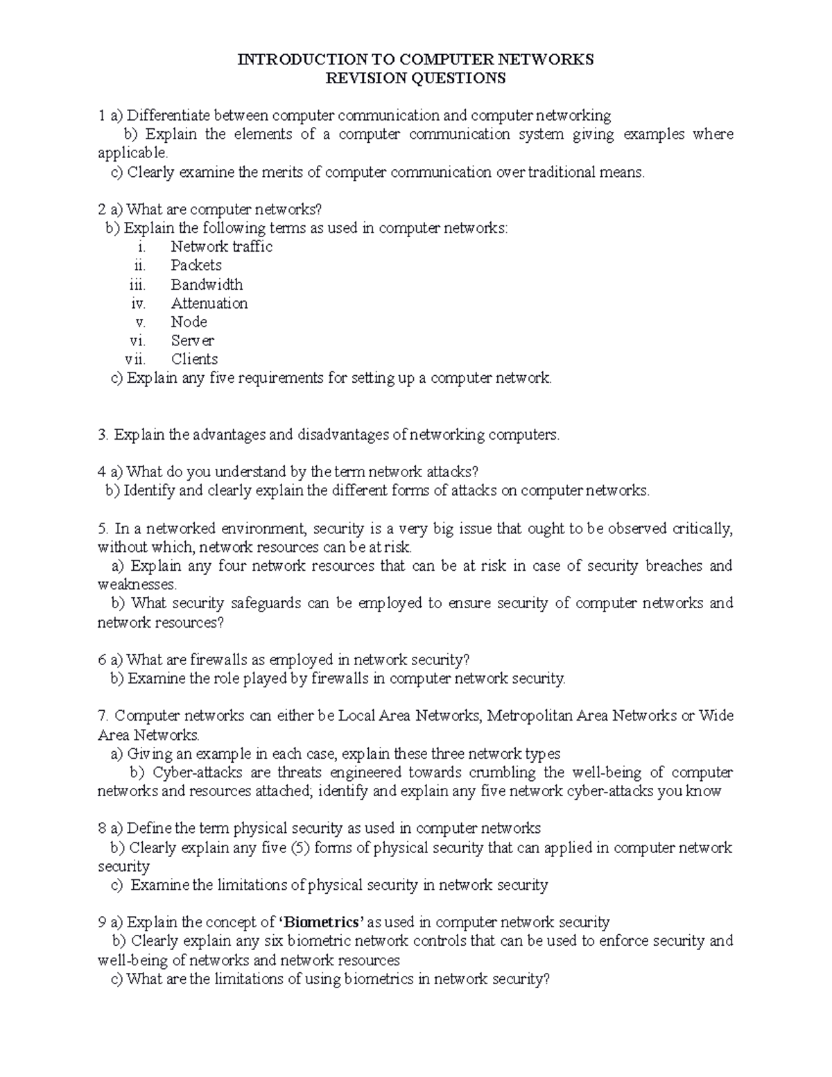 Computer Networks Revision Questions Introduction To Computer Networks Revision Questions 1 