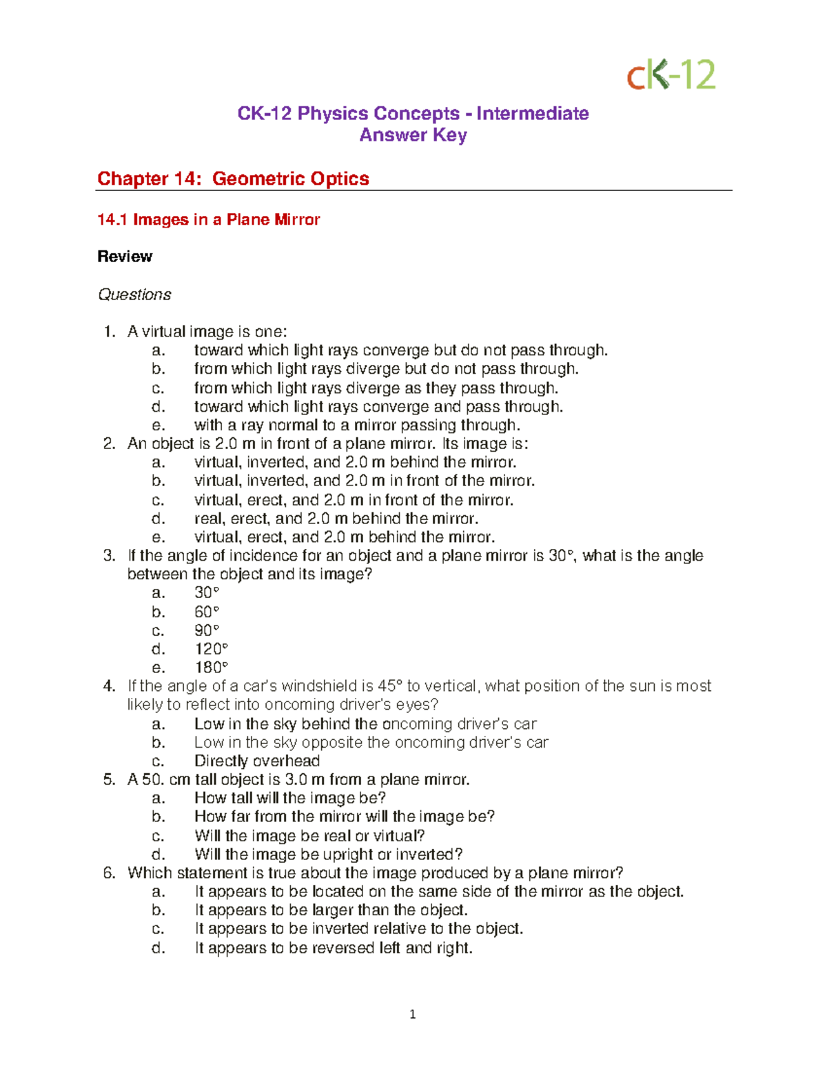 Phys Int CC Ch 14 - Geometric Optics - Answers PDF - CK-12 Physics Concepts - Intermediate ...