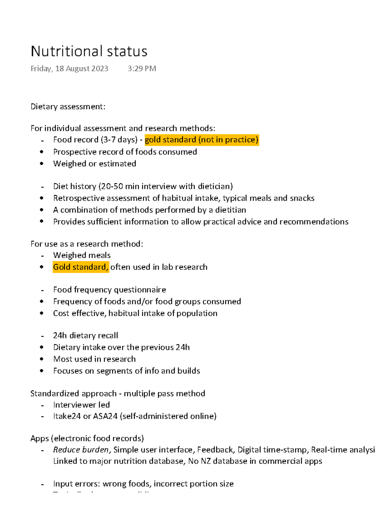 Nutritional status - Dietary assessment: For individual assessment and ...