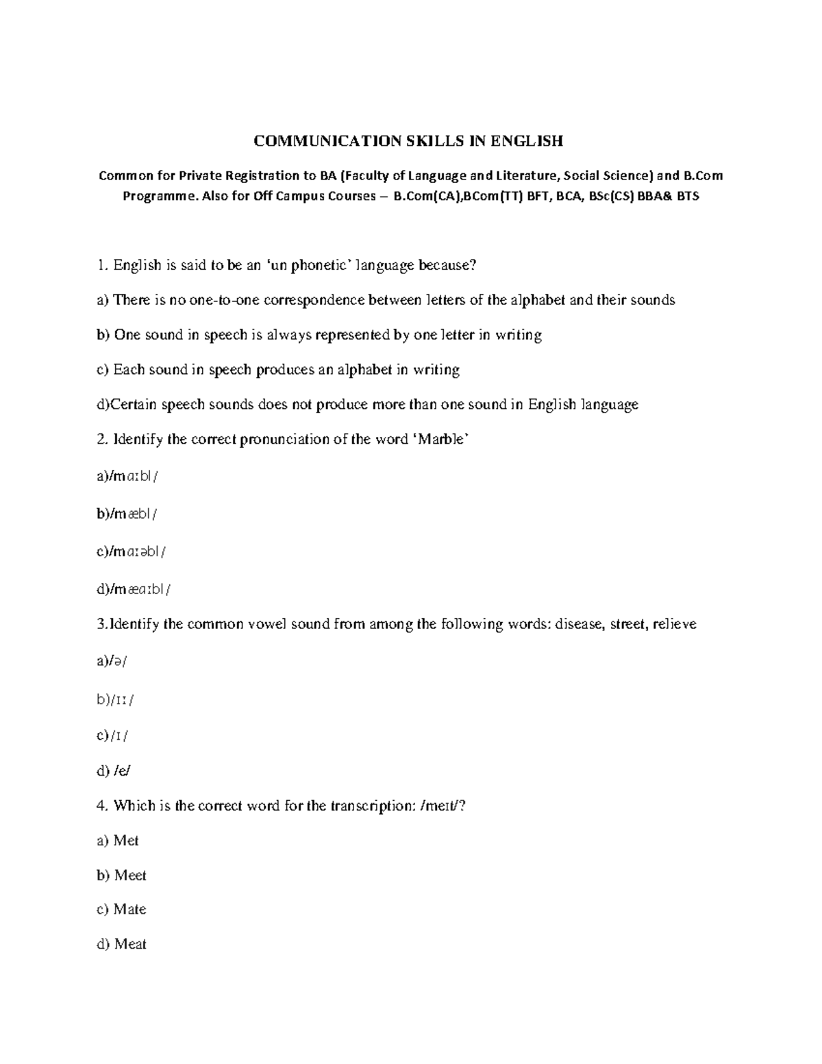MCQ-CS - QUESTION PAPER - COMMUNICATION SKILLS IN ENGLISH Common for ...