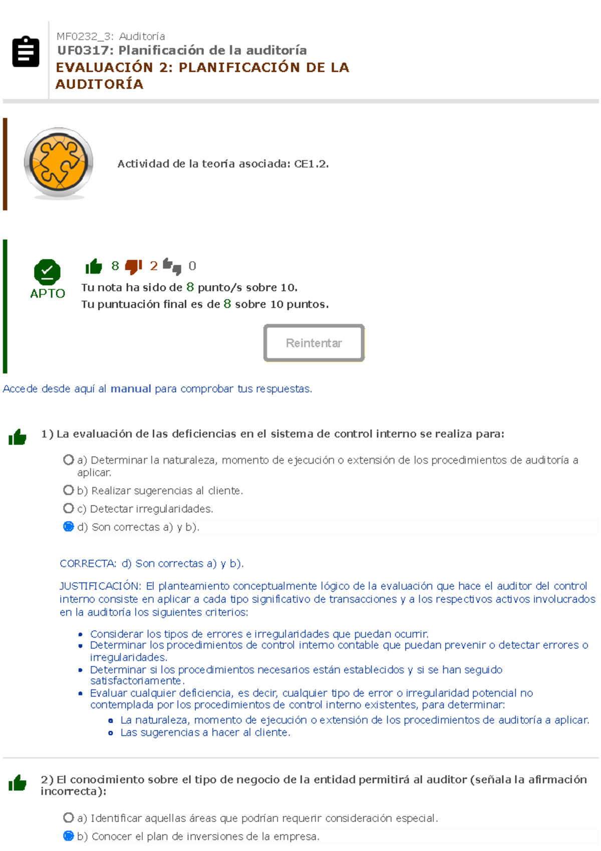 Evaluación solución Tema 2 - MF0232_3: Auditoría UF0317: Planificación de la auditoría ...