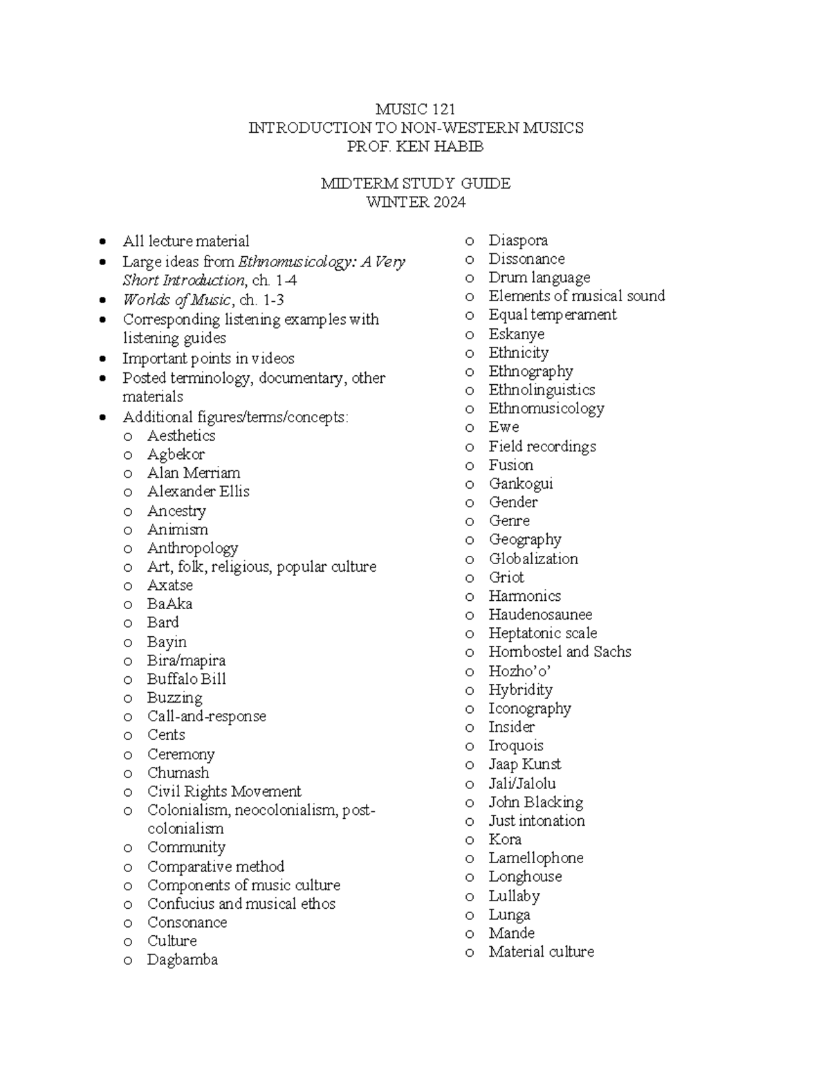 Midterm+Study+Guide - Study guide - MUSIC 121 INTRODUCTION TO NON ...