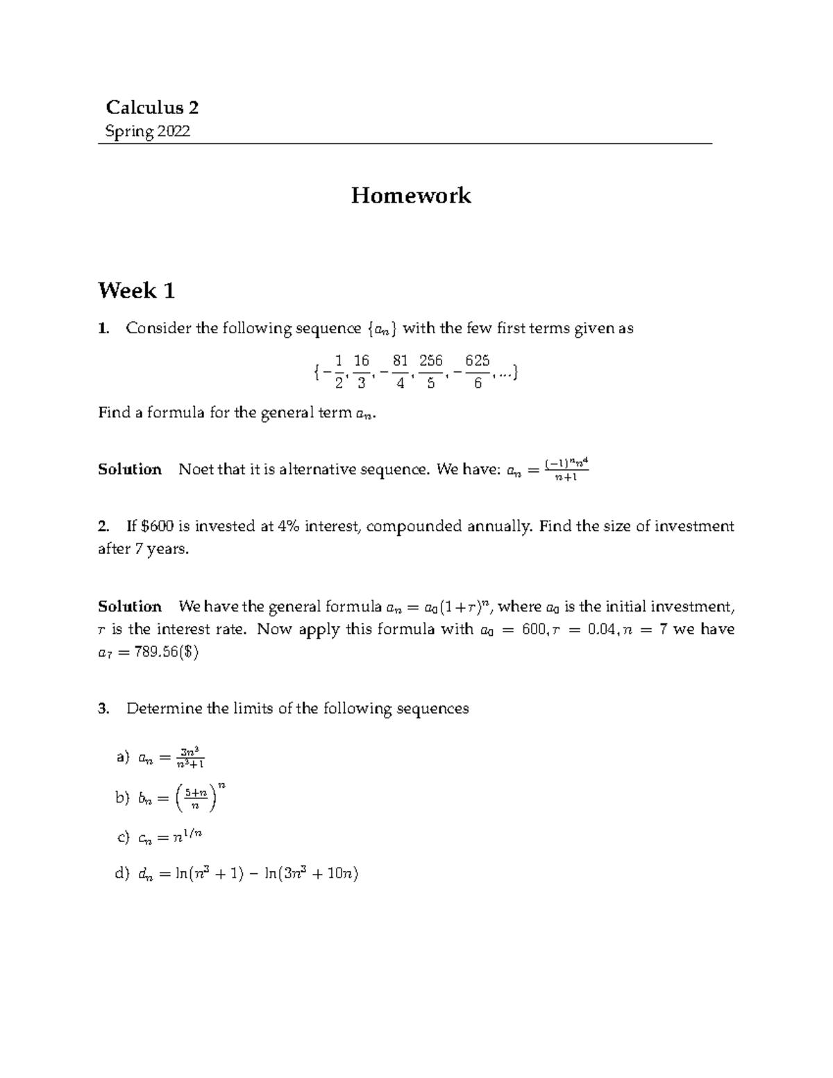 HW Calculus 2 - HW7 - Calculus 2 Spring 2022 Homework Week 1 Consider ...