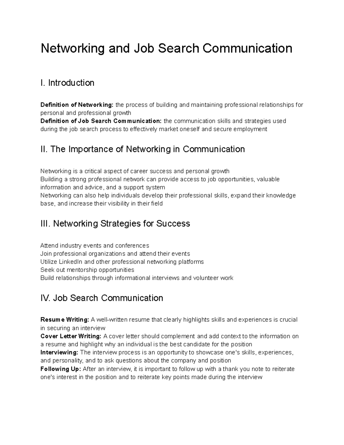 Communication Skills Lecture Notes 32 - Networking and Job Search ...
