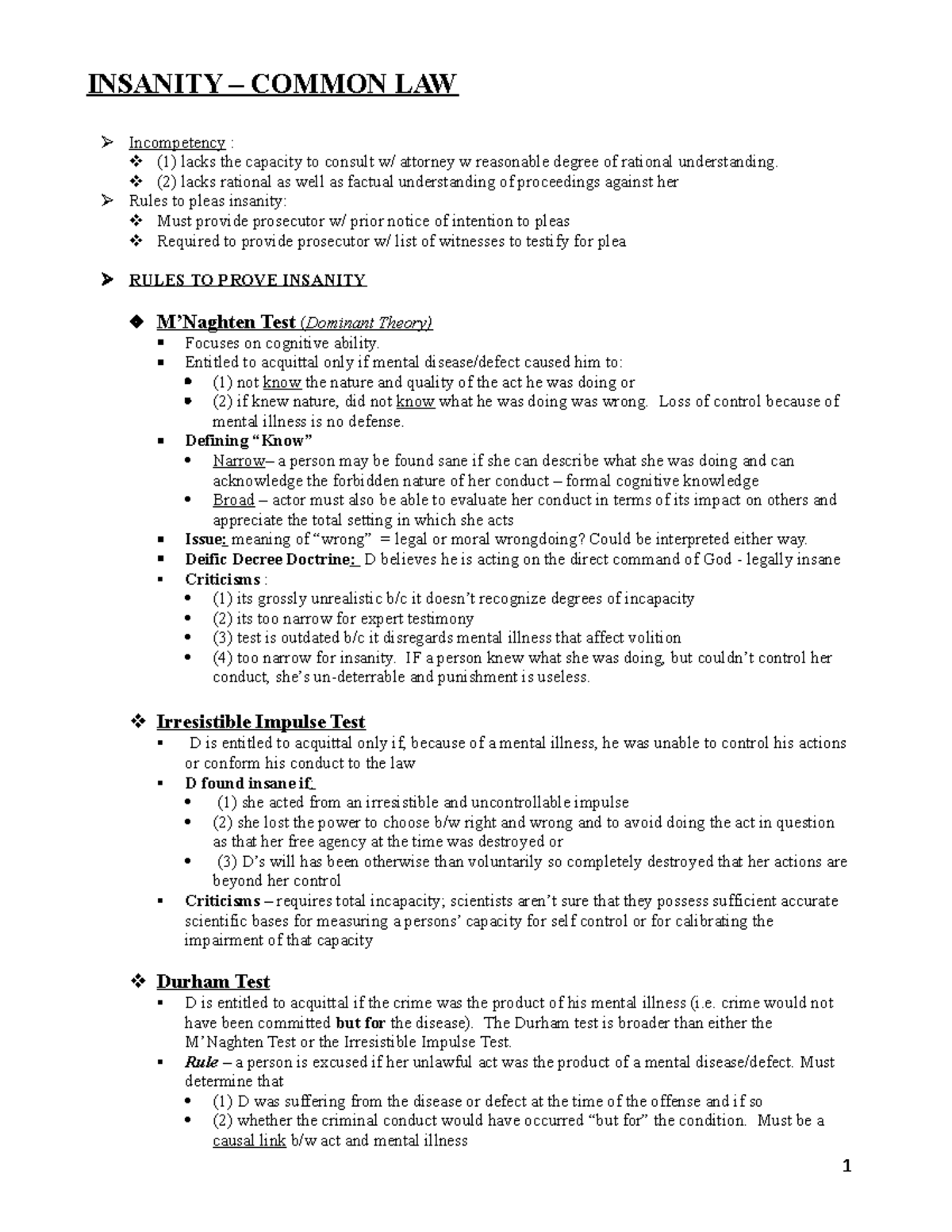 Criminal Law - Prof. Mooney 1 - INSANITY – COMMON LAW Incompetency : (1 ...