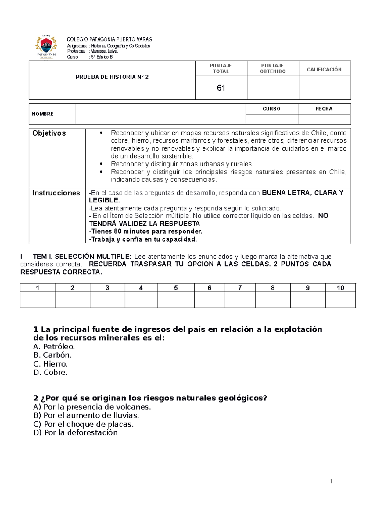 Prueba 5to basico recursos y riesgos naturales - COLEGIO PATAGONIA ...