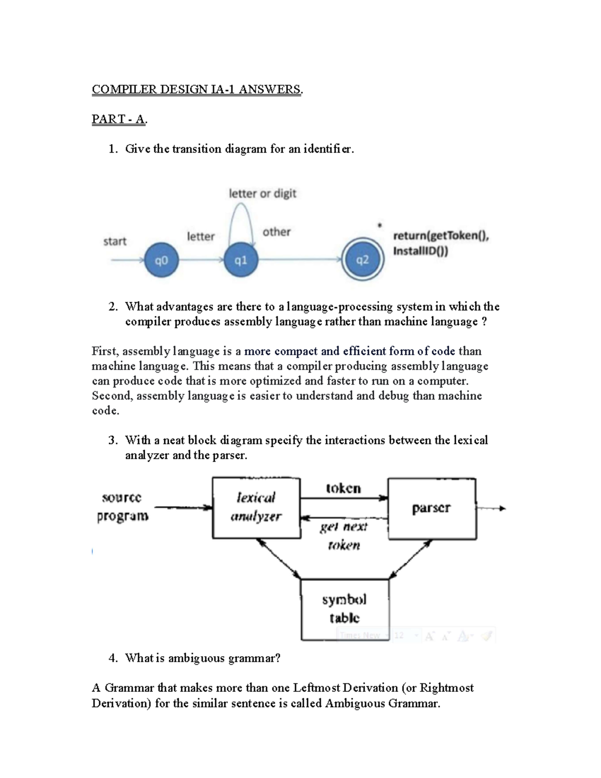IA1-CD - COMPILER DESIGN IA-1 ANSWERS. PART - A. Give the transition ...