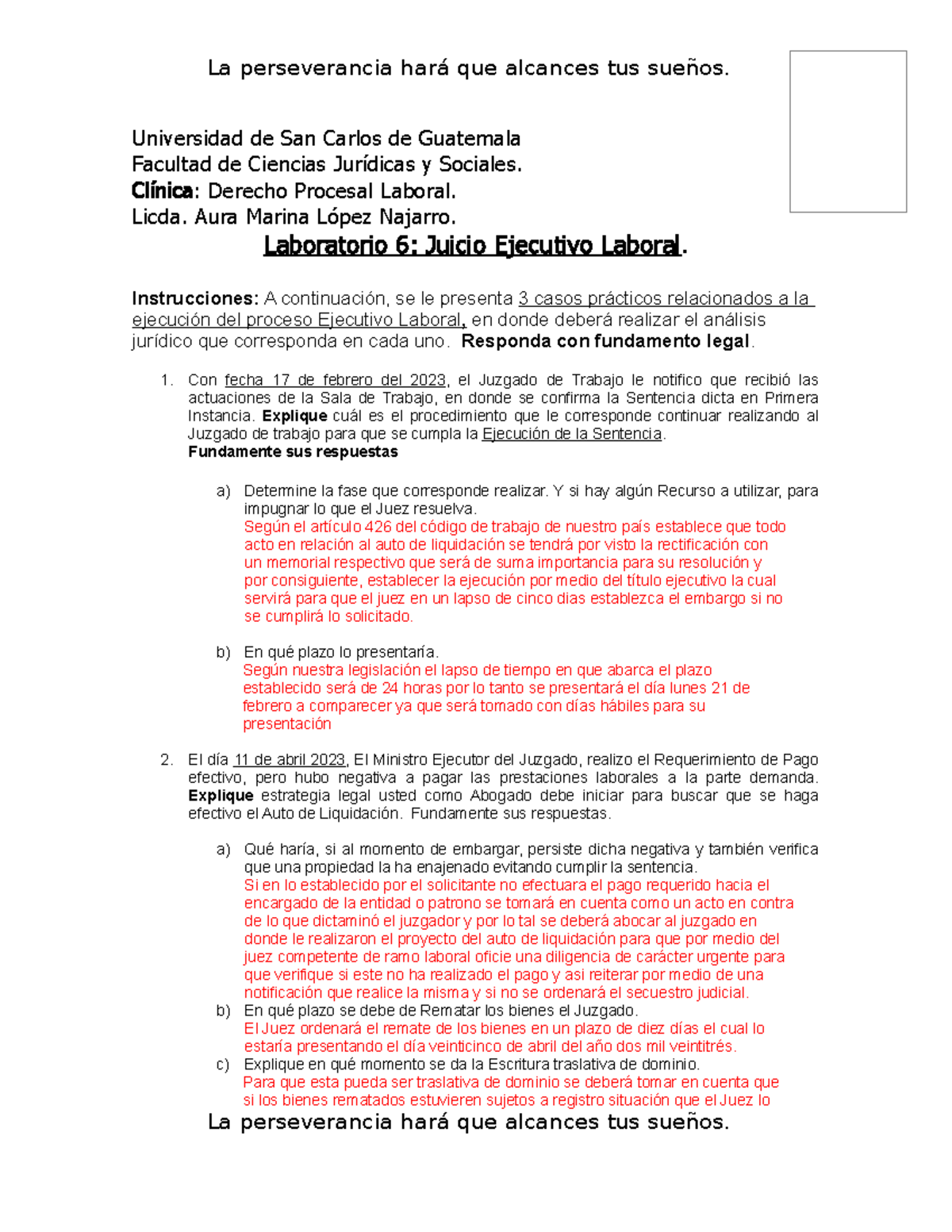 Lab 6. Proceso Ejecutivo Laboral. 2023 - La perseverancia hará que ...