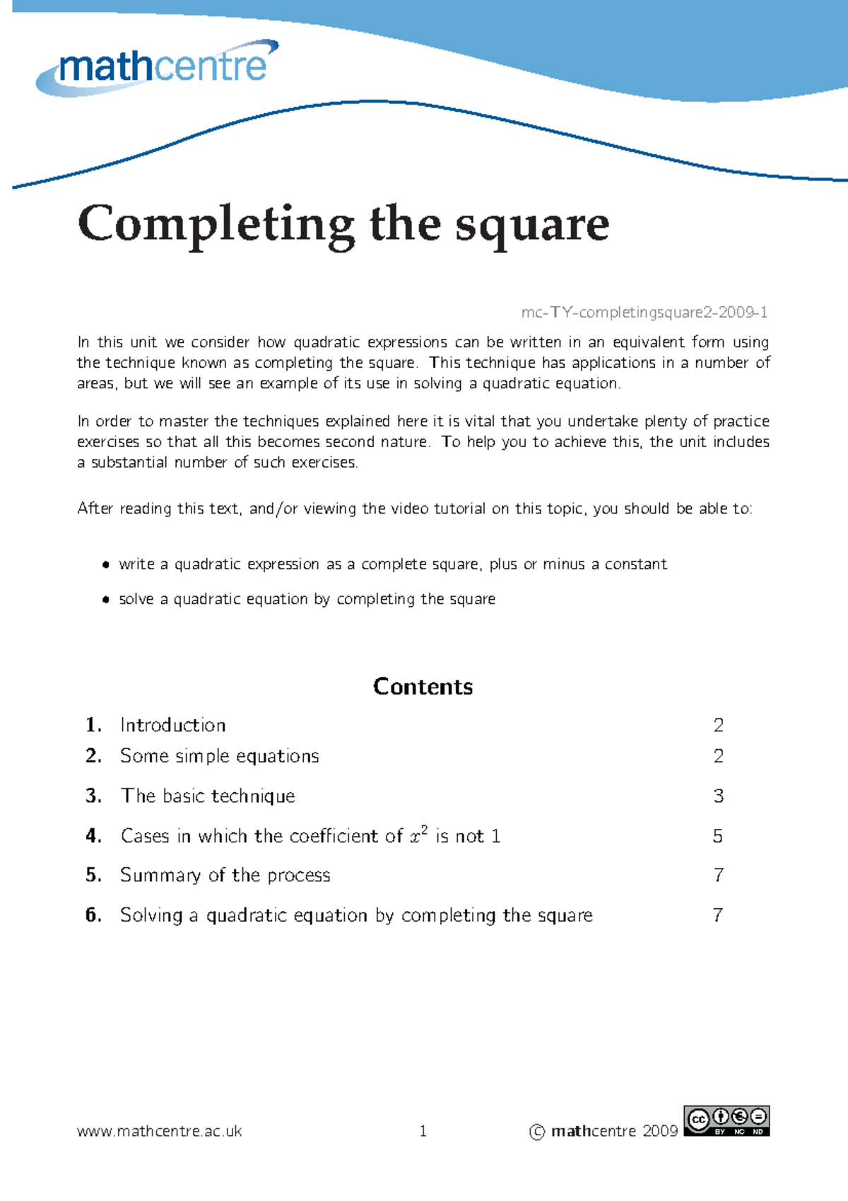 Completing The Square Mathcentre Notes - Completing the square mc-TY ...