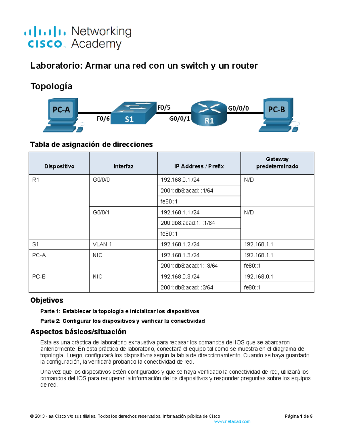 10 4 4 Lab - Build a Switch and Router Network - Topología Tabla de asignación de direcciones ...