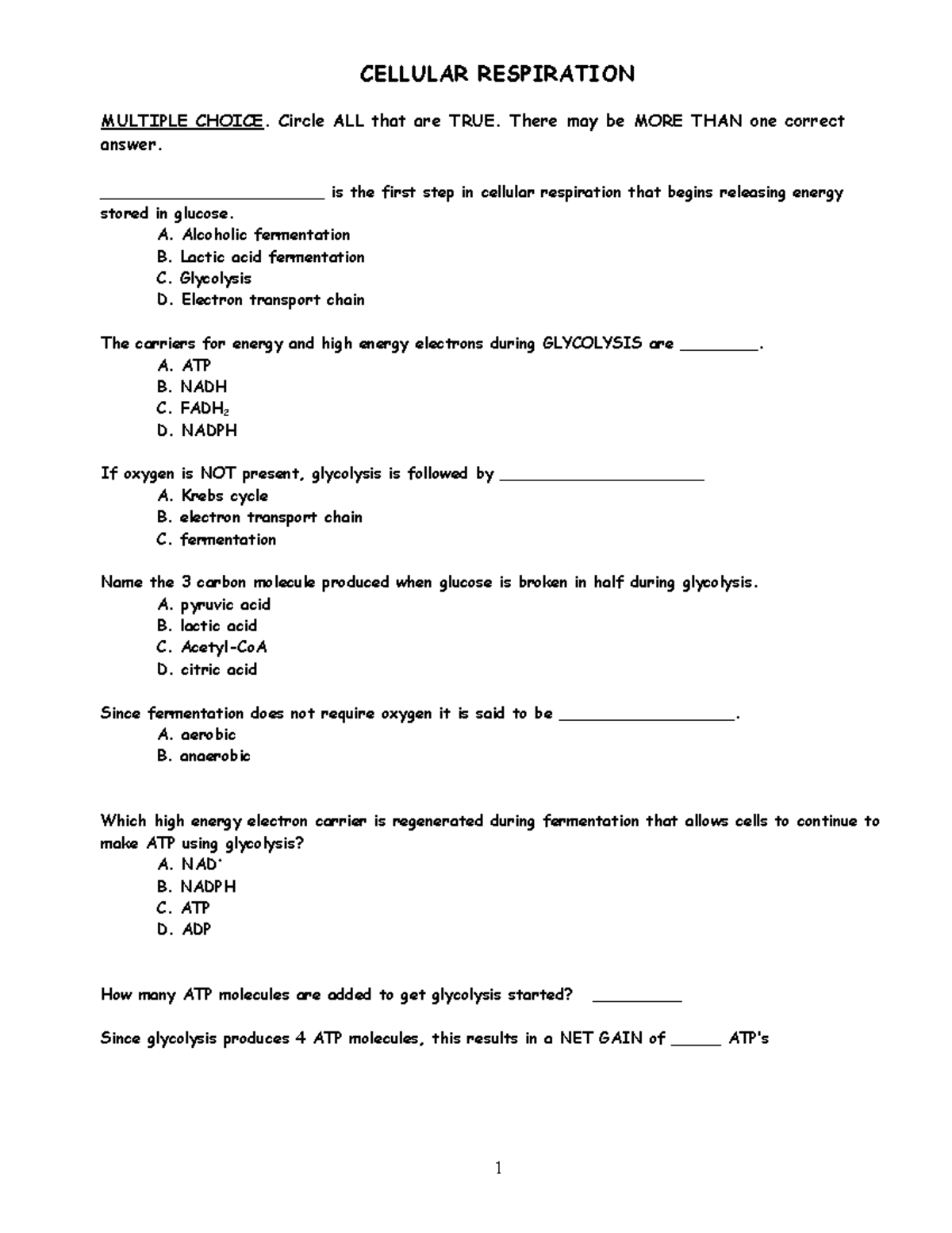 Cellular Respiration review worksheet - CELLULAR RESPIRATION MULTIPLE ...