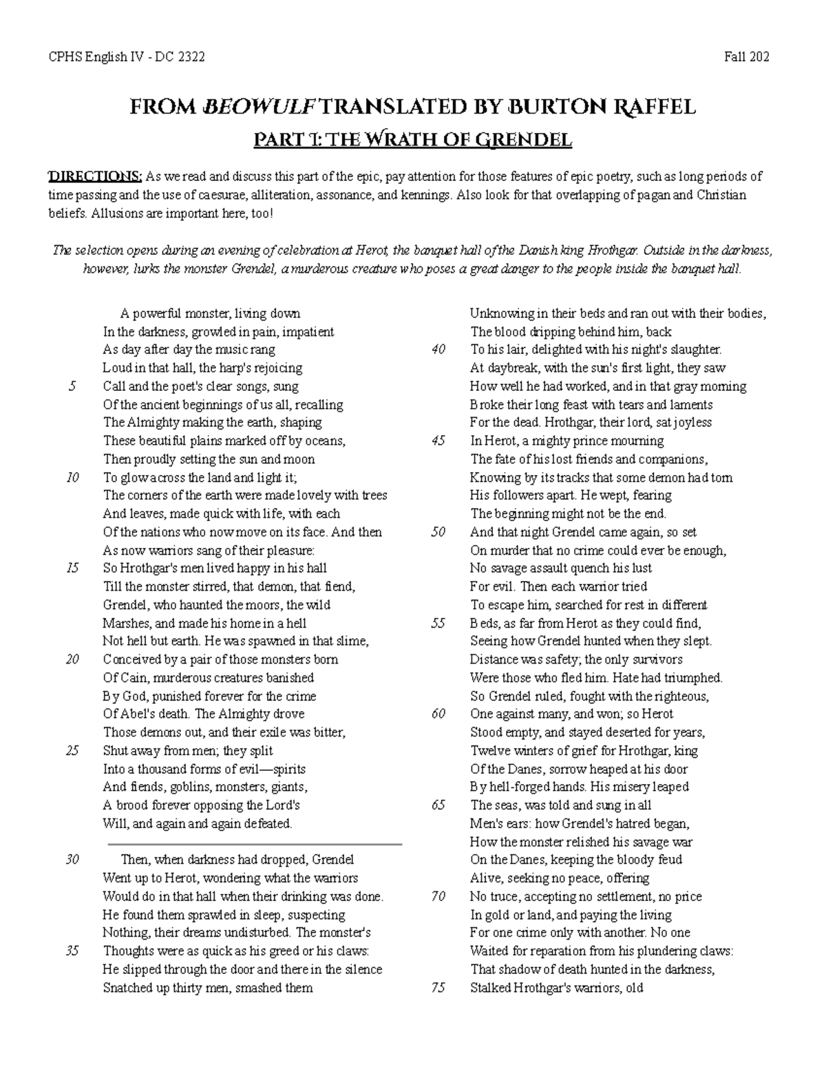 Beowulf.Part I.The Wrath of Grendel.Raffel - CPHS English IV - DC 2322 ...