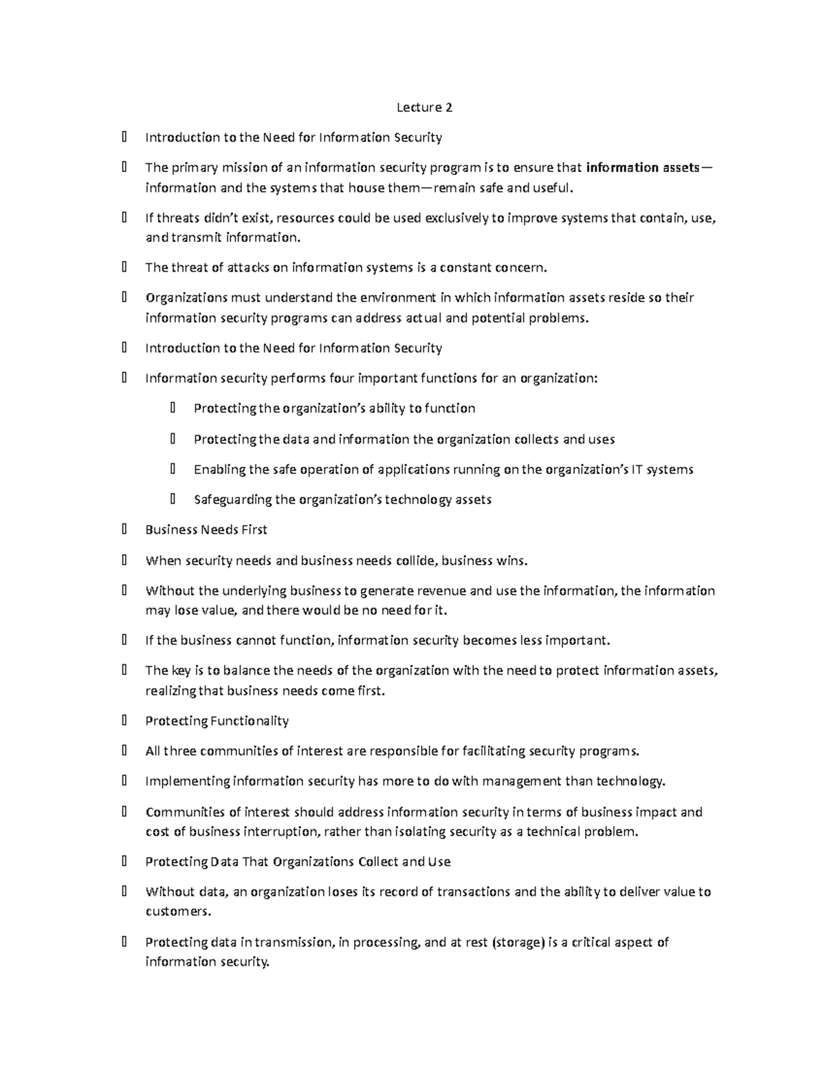 Info Assurance Notes 2 Lecture 2 Introduction To The Need For Information Security The Primary