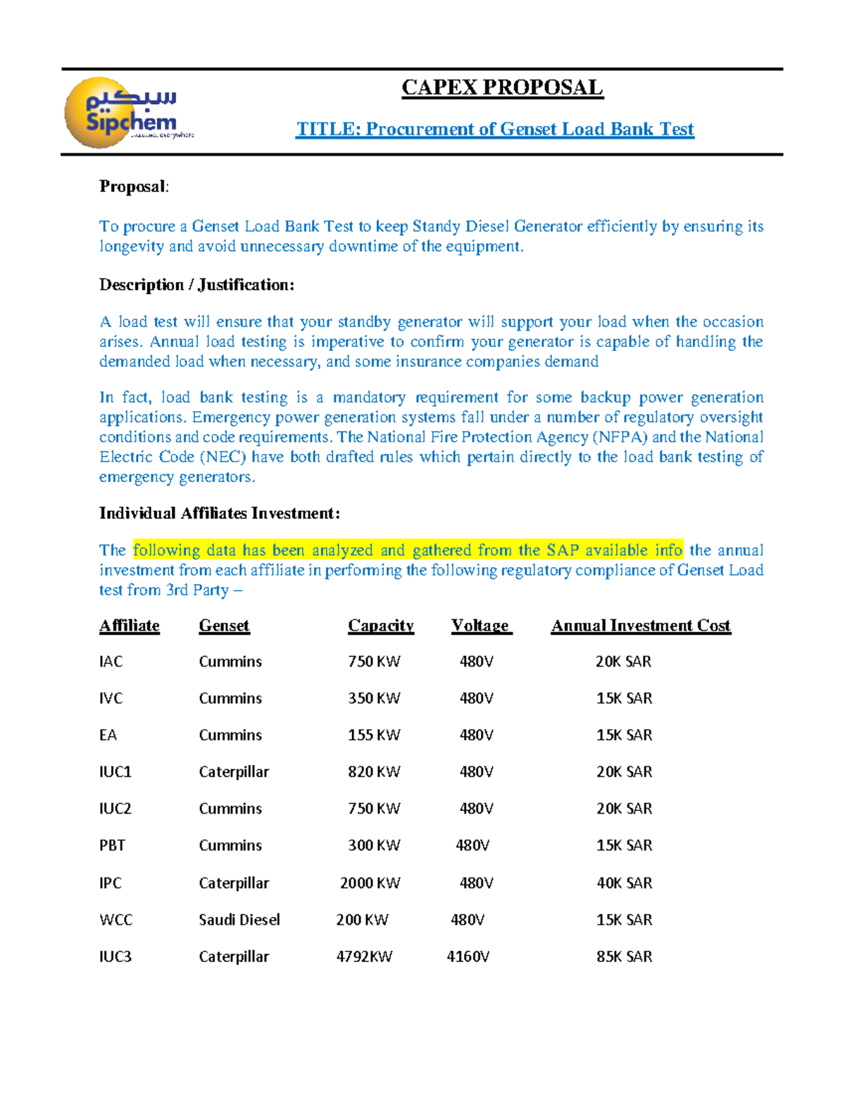 Load Bank Proposal - Bank, verzekeringen, beurs - CAPEX PROPOSAL TITLE ...