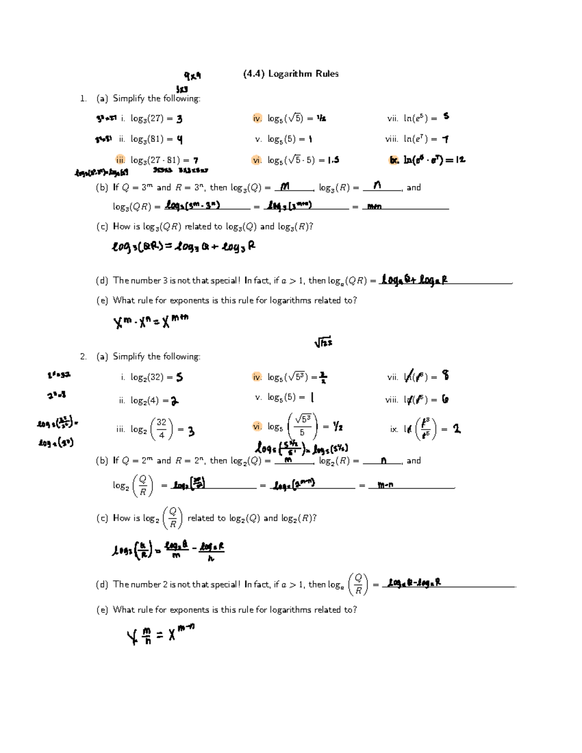 4 4 Logarithm Rules - calculus - (4) Logarithm Rules (a) Simplify the ...