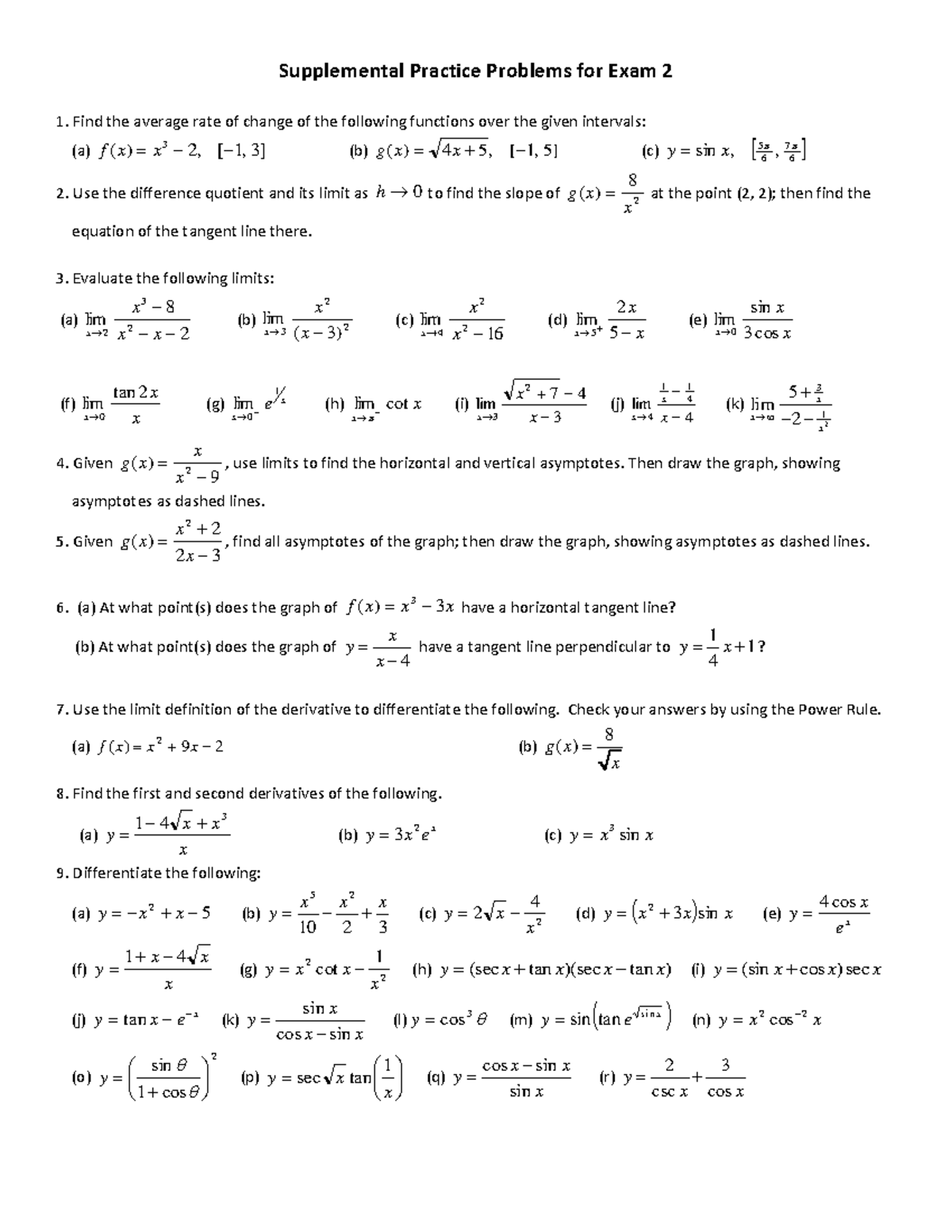 Practice Problems for Exam 2 - Evaluate the following limits: (a) 2 8 ...