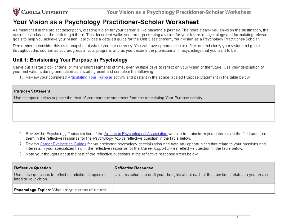Your Vision as a Psychology Practitioner-Scholar Worksheet - The more ...