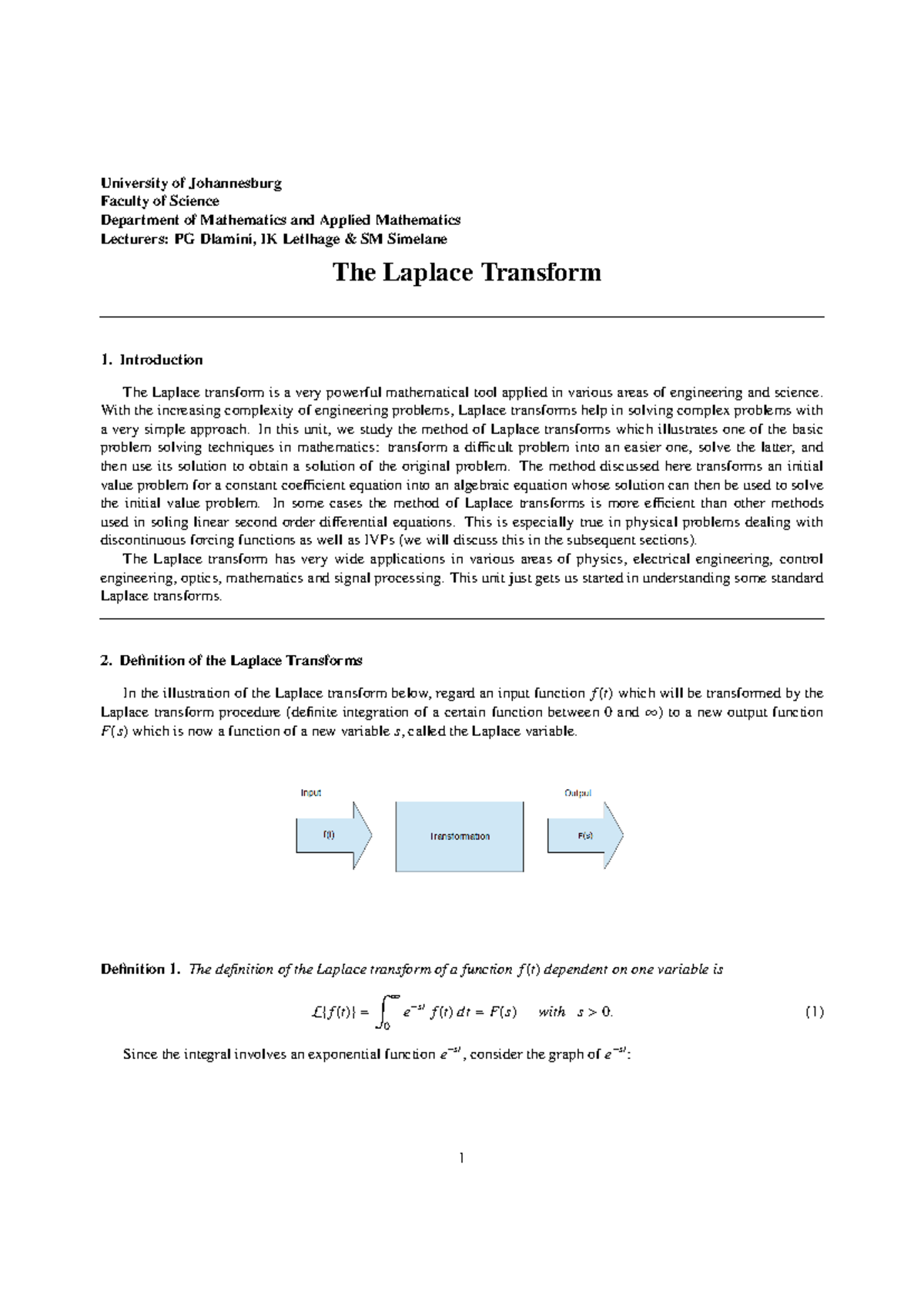 MATE2A2 Introduction Laplace Transforms - University of Johannesburg Faculty of Science ...
