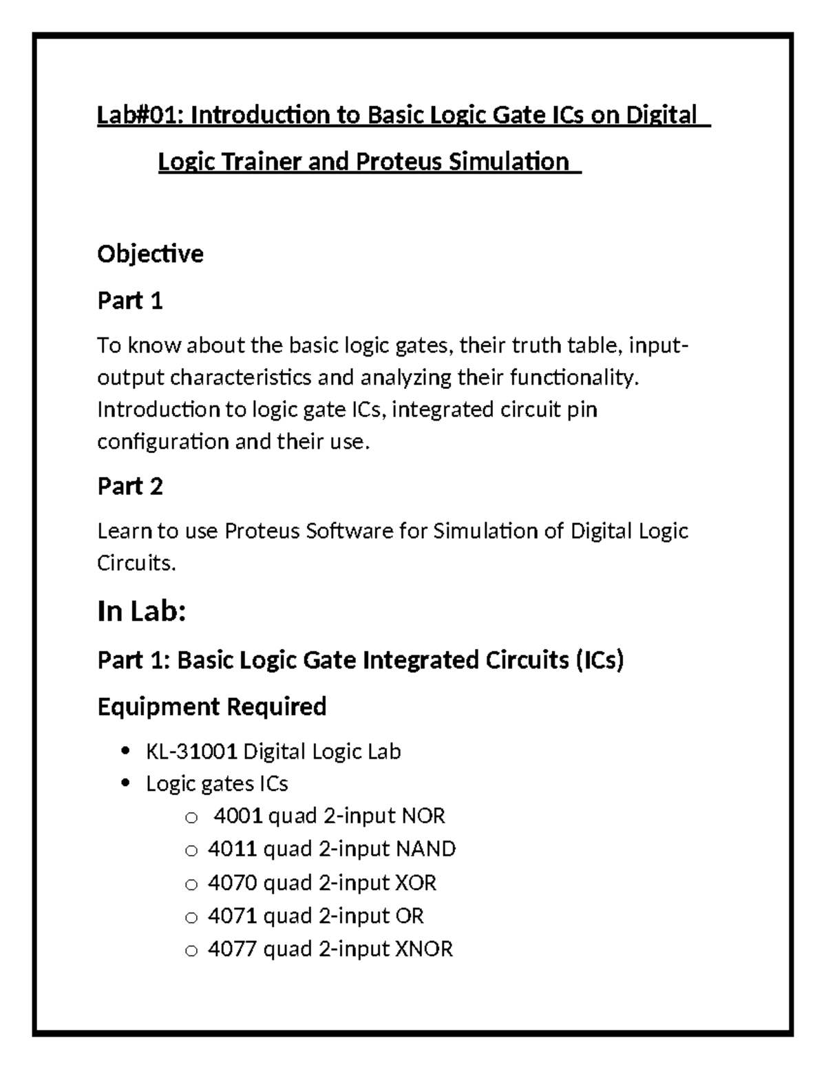 Lab 1 DLD - labreport - Lab#01: Introduction to Basic Logic Gate ICs on Digital Logic Trainer ...