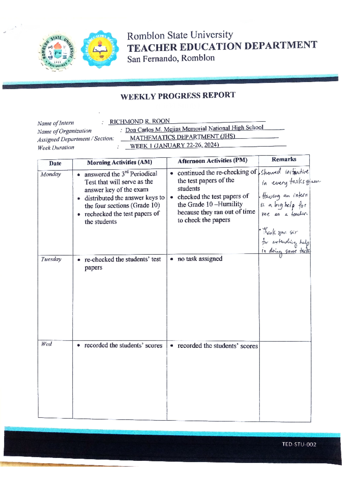 Wpr - Weekly Progress Report - Practice Teaching - Studocu