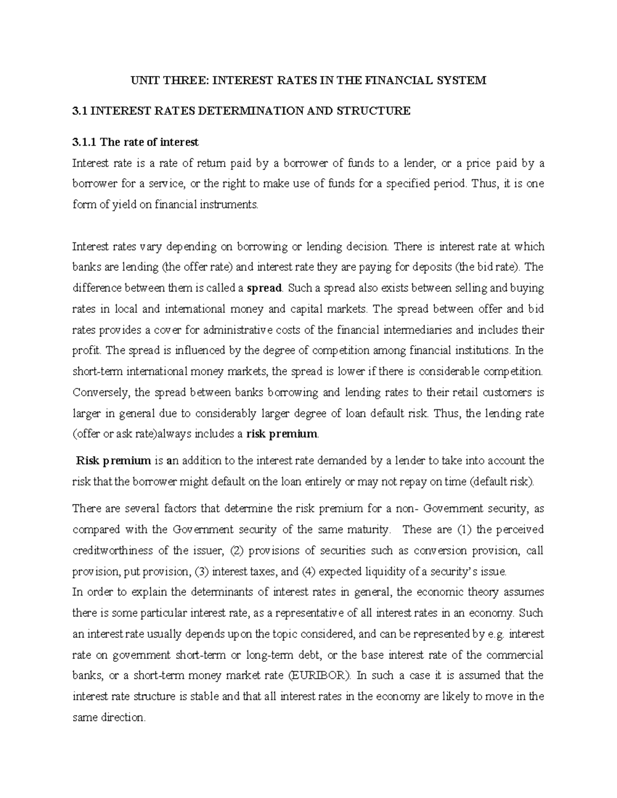 Chapter 3 FIM - Good notes - UNIT THREE: INTEREST RATES IN THE ...