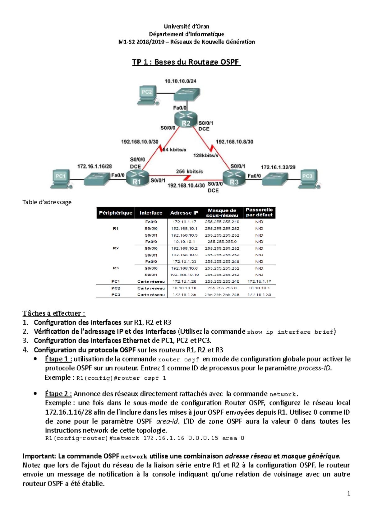 1-TP Routage OSPF - Université d’Oran Département d’Informatique M1-S2 ...