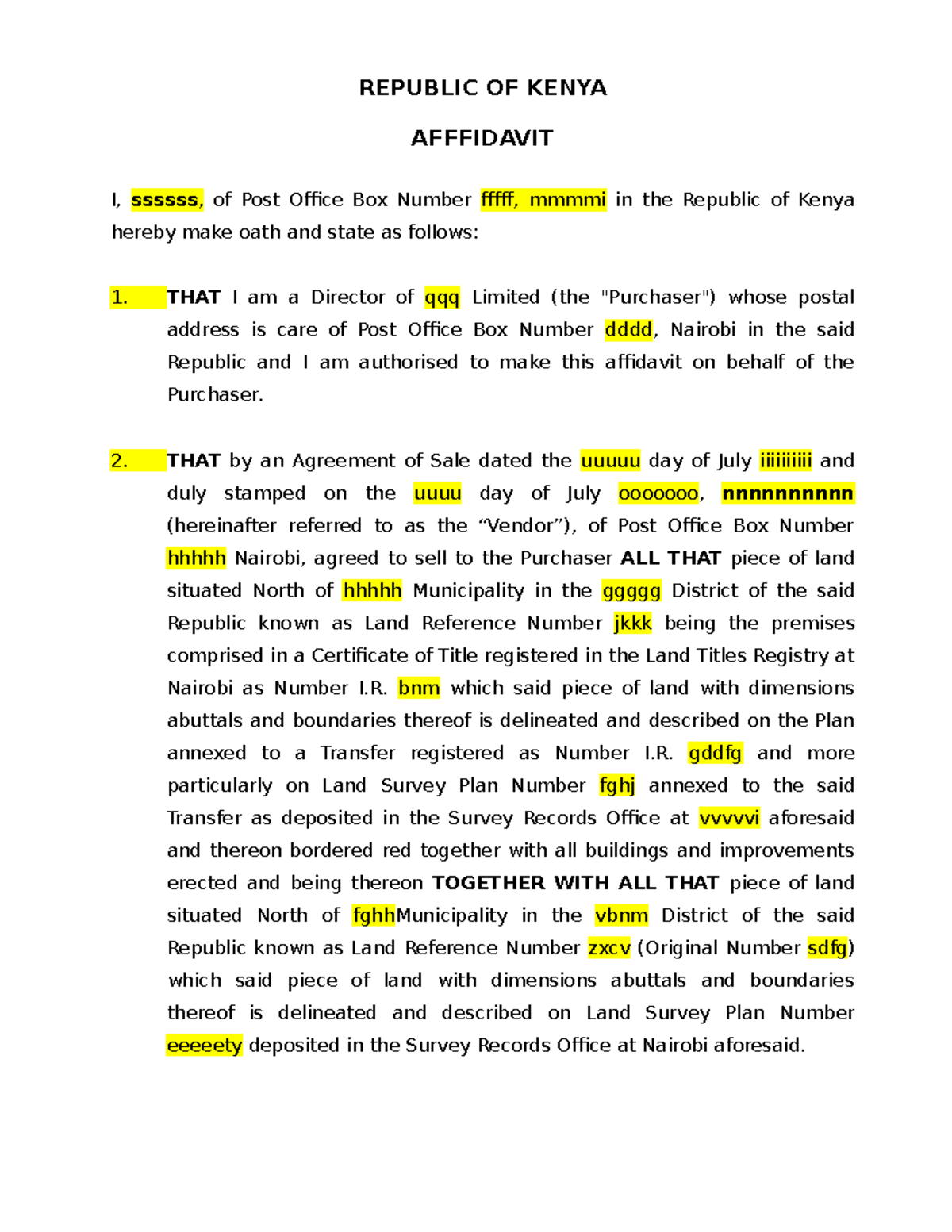 Affidavit - Purchasers interest in land - REPUBLIC OF KENYA AFFFIDAVIT ...